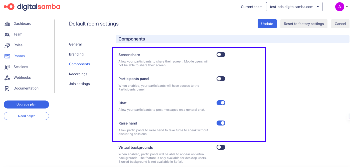 How To Configure Your Room Default In Digital Samba Using The Dashboard